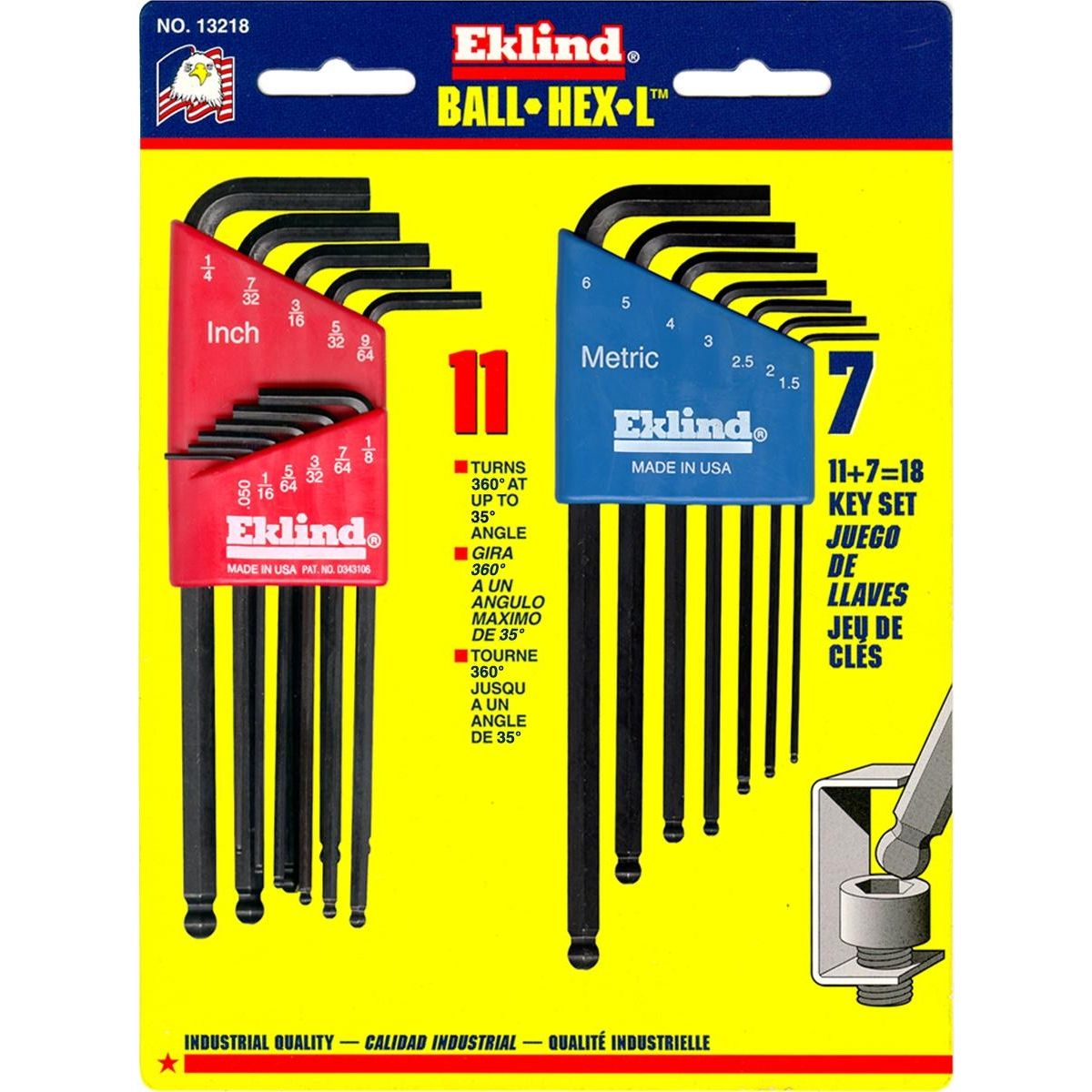 Eklind 13218 18-Pc Ball Hex Key Set Combo .050-1/4In 1.5-6mm EKL13218